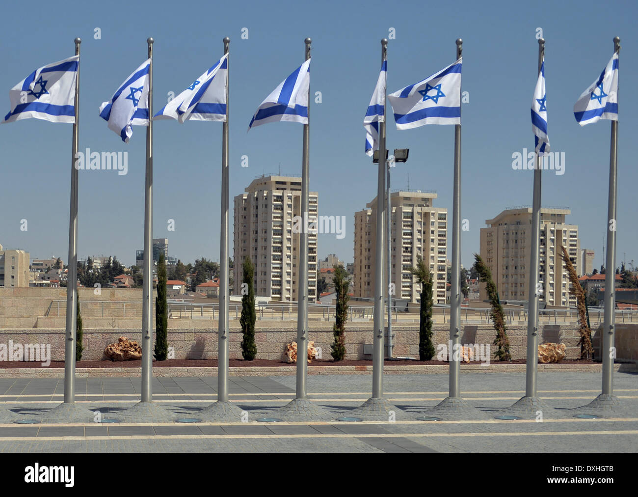 Jerusalem, Israel. 20th Mar, 2014. Israeli flags wave outside of the ...