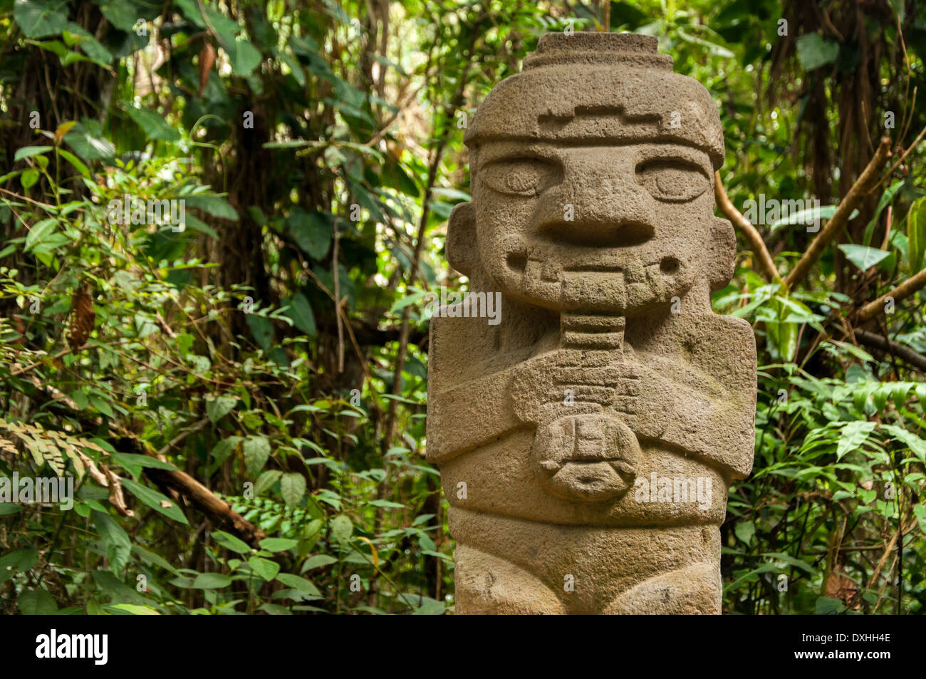 An ancient, flute playing, pre-columbian statue in San Agustin ...