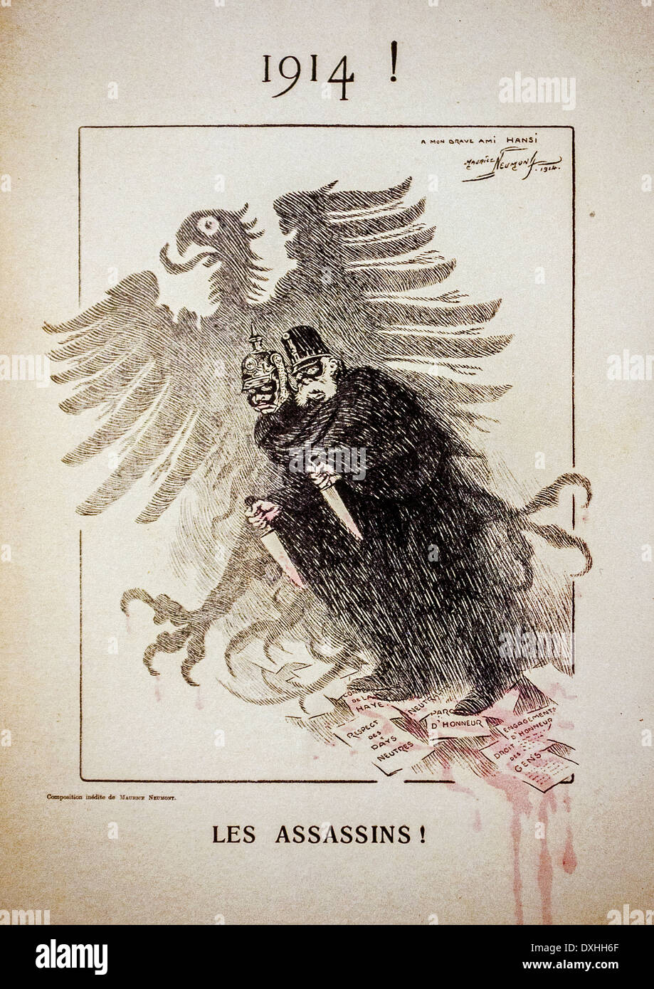 French vintage WWI propaganda cartoon from 1914 showing two German ...