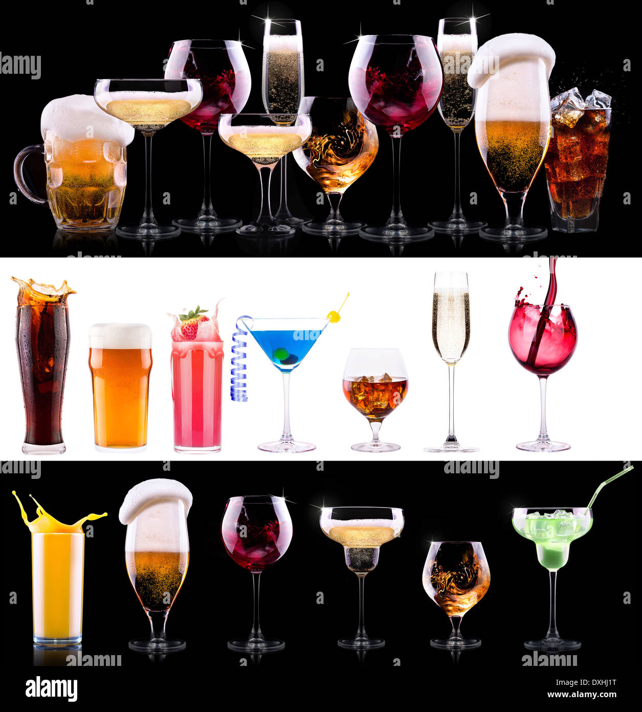 different alcohol drinks set - beer, wine, cocktail,juice, champagne ...