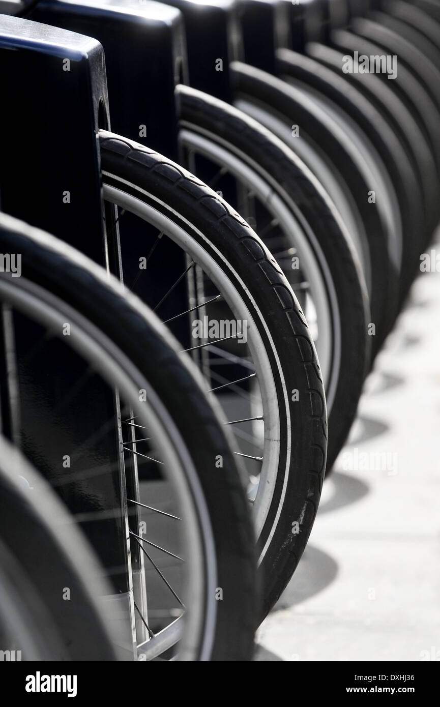 Bicycles wheels are seen in a public bicycle point Stock Photo - Alamy