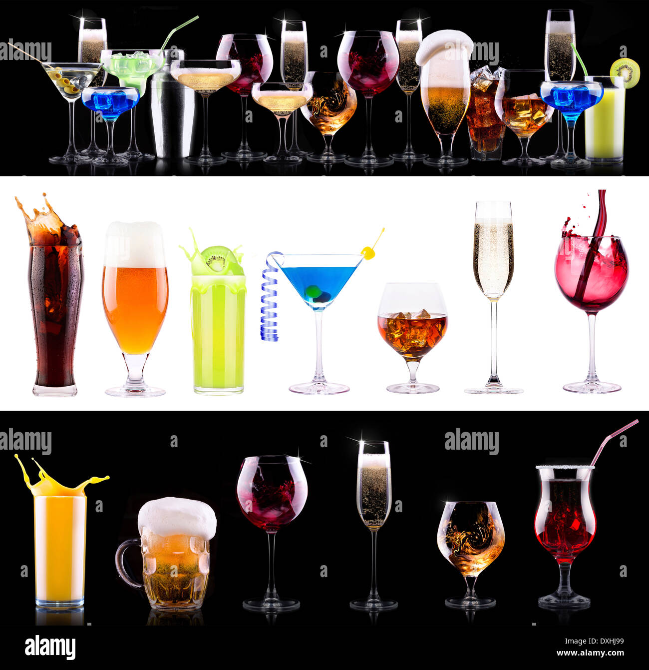 different alcohol drinks set - beer, wine, cocktail,juice, champagne ...