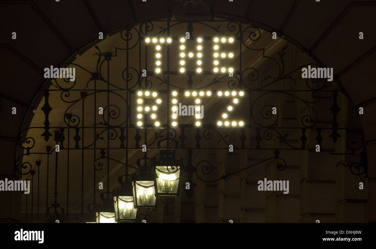 The Ritz Hotel sign lamps lights and colonnade Piccadilly London ...
