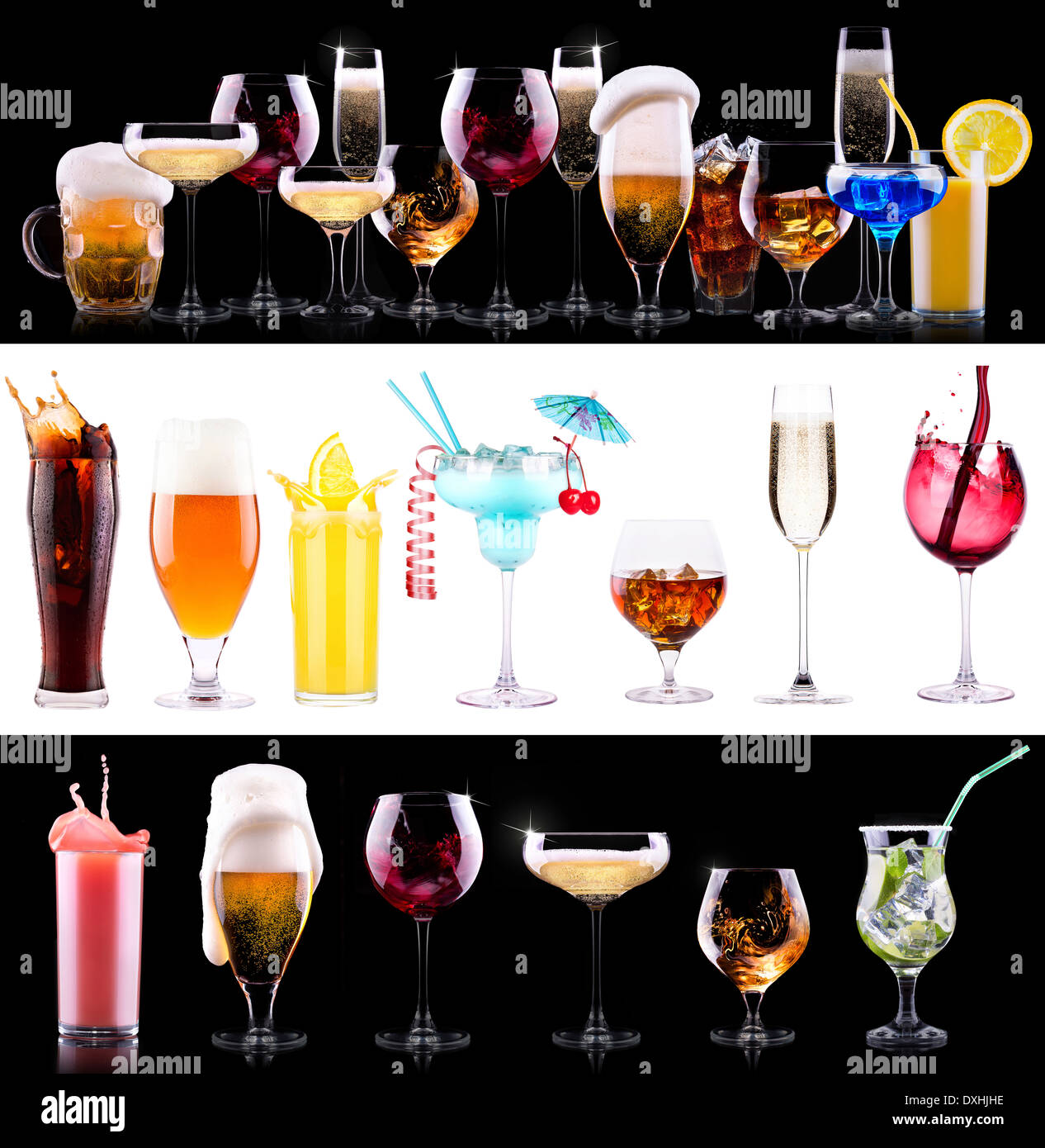 different alcohol drinks set - beer, wine, cocktail,juice, champagne ...