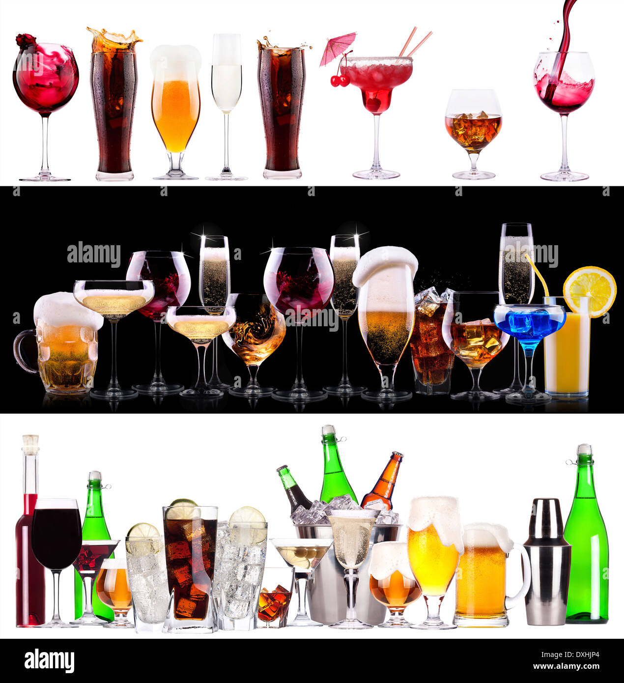 different alcohol drinks set - beer, wine, cocktail,juice, champagne ...