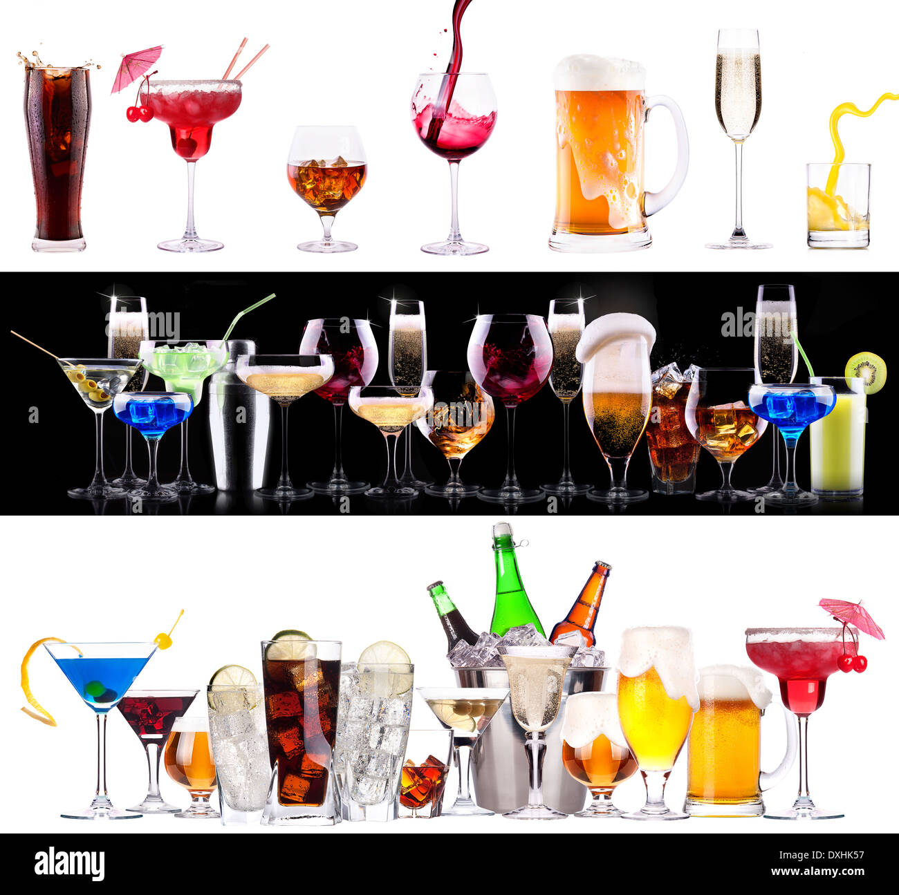 different alcohol drinks set - beer, wine, cocktail,juice, champagne ...