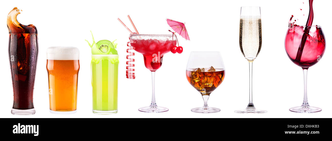 different alcohol drinks set - beer, wine, cocktail,juice, champagne ...