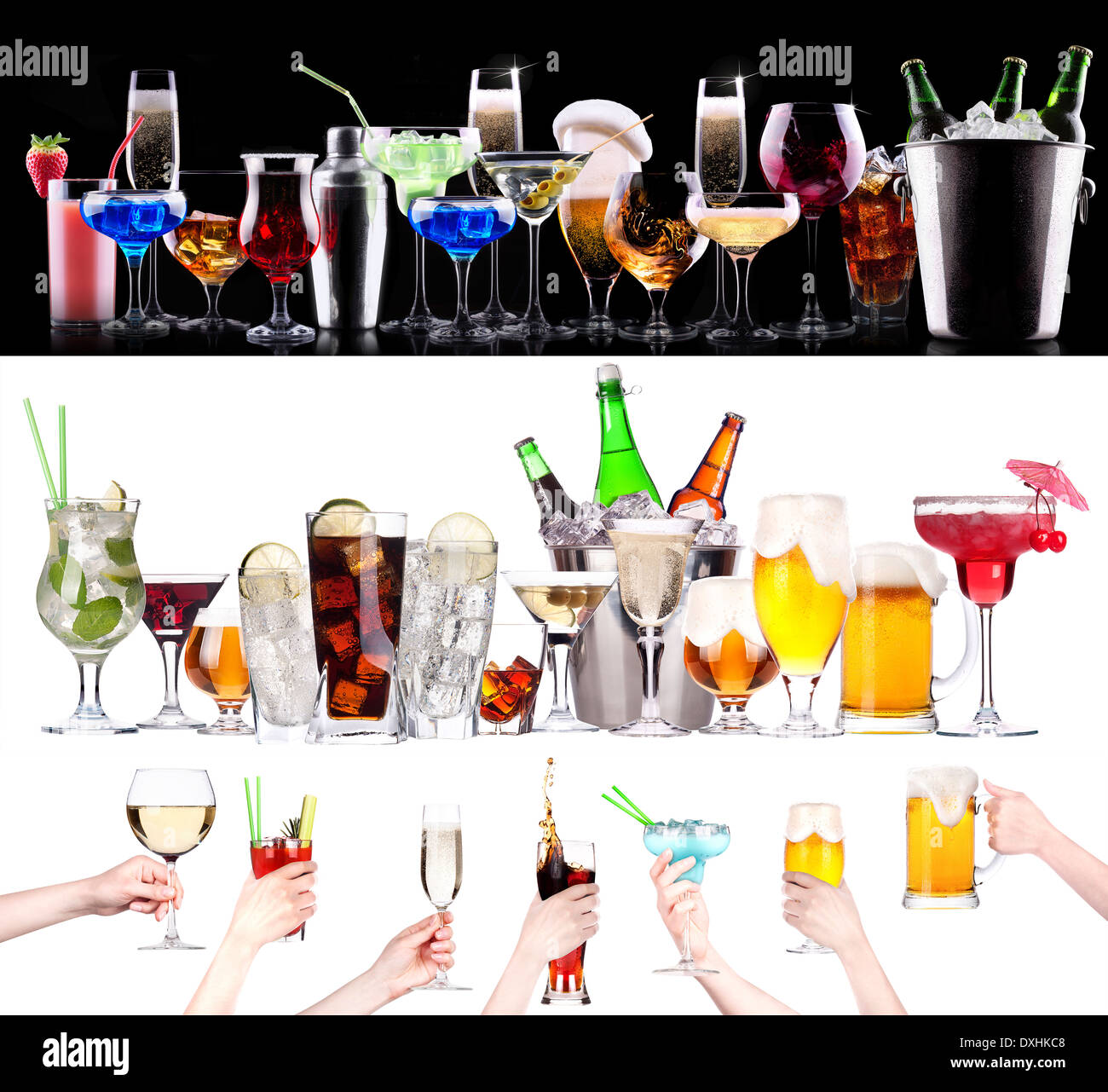different alcohol drinks set - beer, wine, cocktail,juice, champagne ...