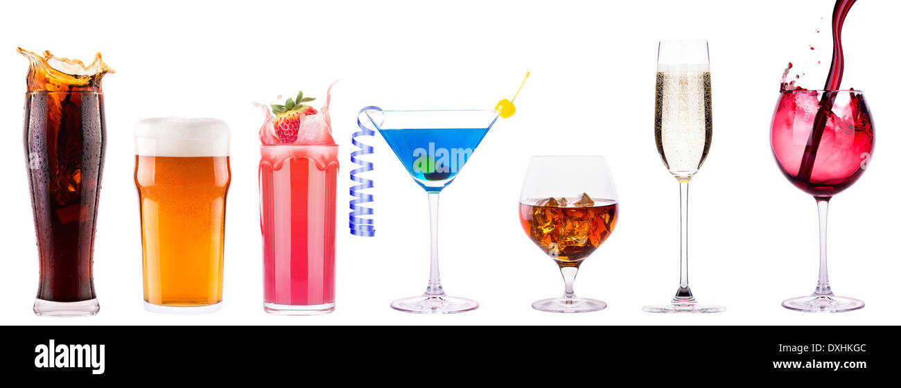 different alcohol drinks set - beer, wine, cocktail,juice, champagne ...