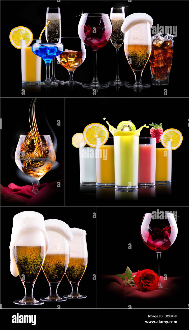 different alcohol drinks set - beer, wine, cocktail,juice, champagne ...