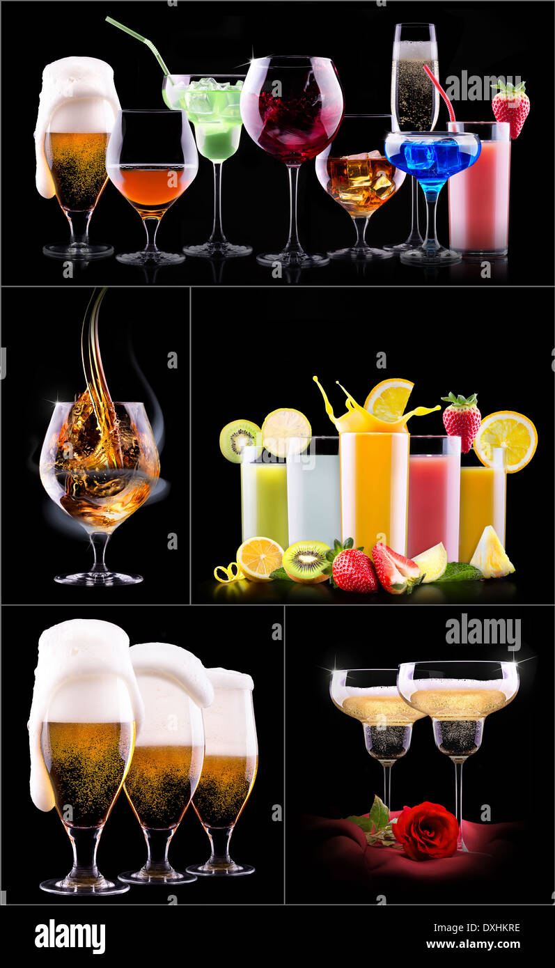 different alcohol drinks set - beer, wine, cocktail,juice, champagne ...