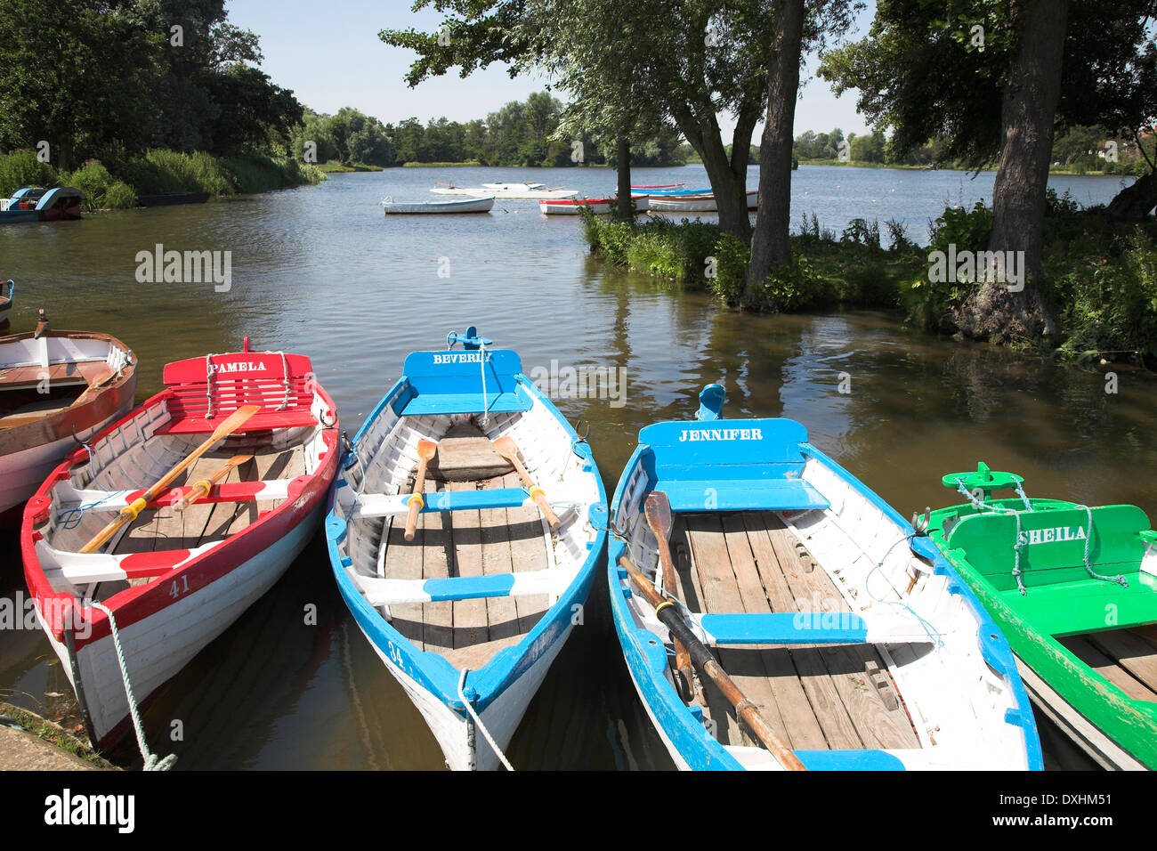 Rowing boats on the meare boating lake at thorpeness hi-res stock ...