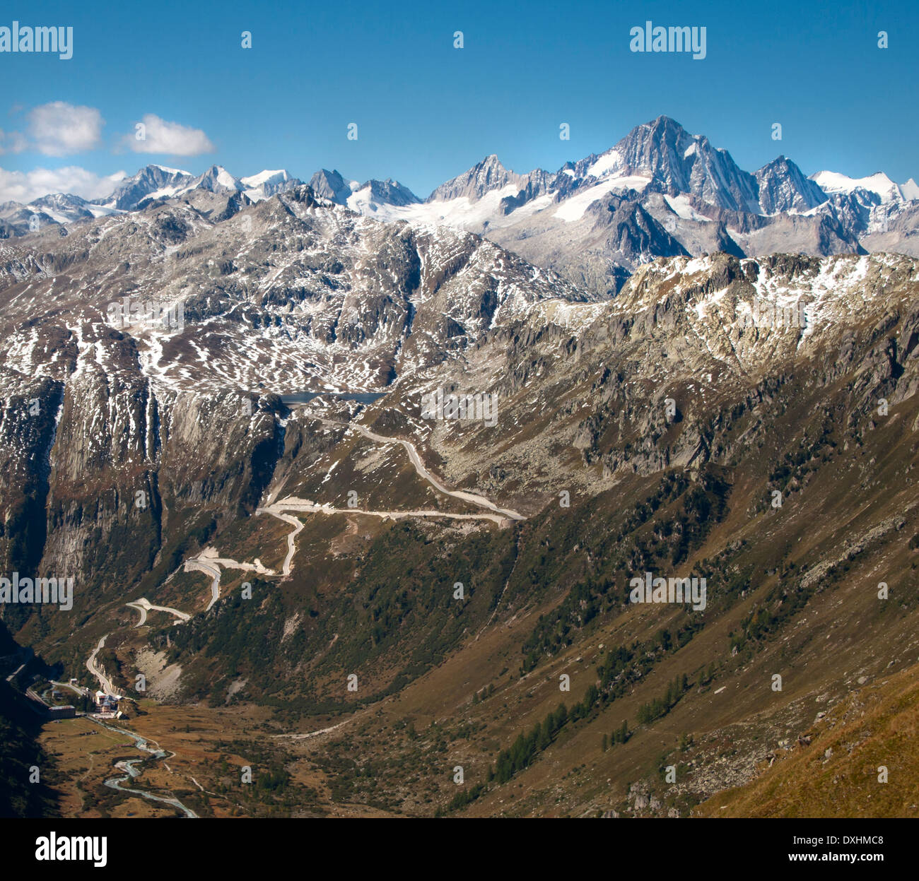 The Swiss village of Gletsch/Valais seen from the Furka mountain pass ...