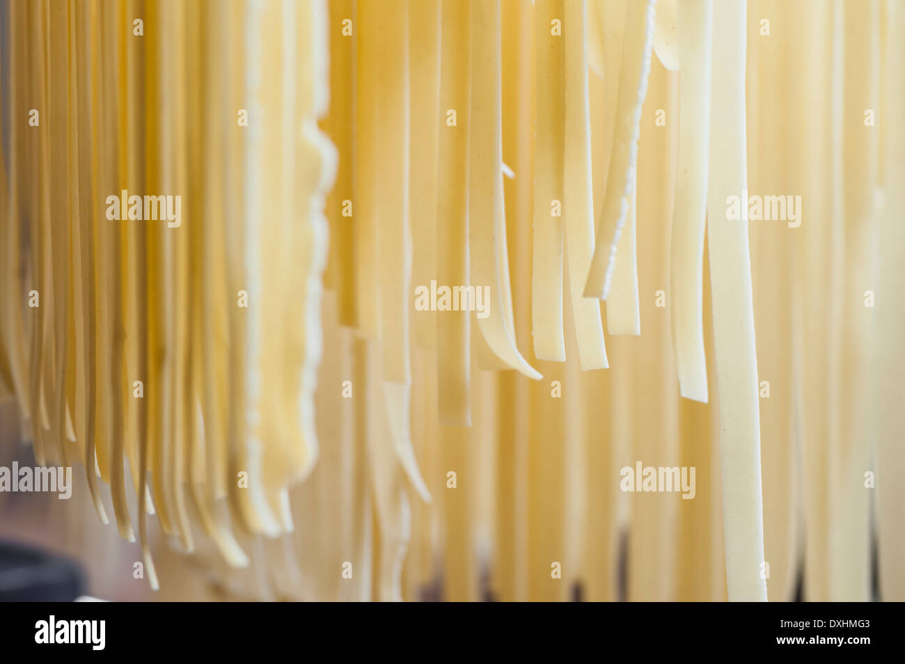Fresh handmade Italian pasta hanging off a rack before cooking Stock ...