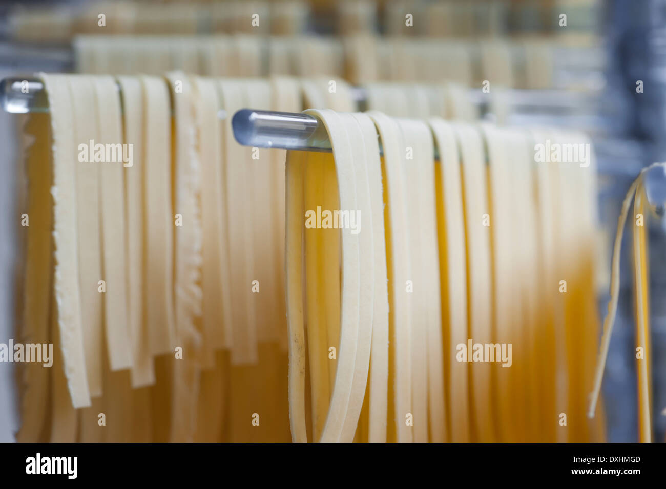 Fresh handmade Italian pasta hanging off a rack before cooking Stock ...