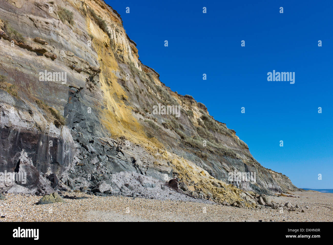 Rock fall from cliff erosion to the beach at Hengistbury Head, Dorset ...