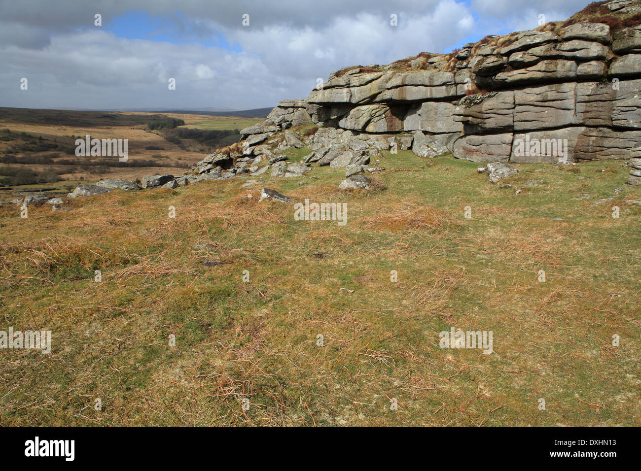 Rock stacks on Saddle Tor in early Spring, Dartmoor, Devon, England, UK ...