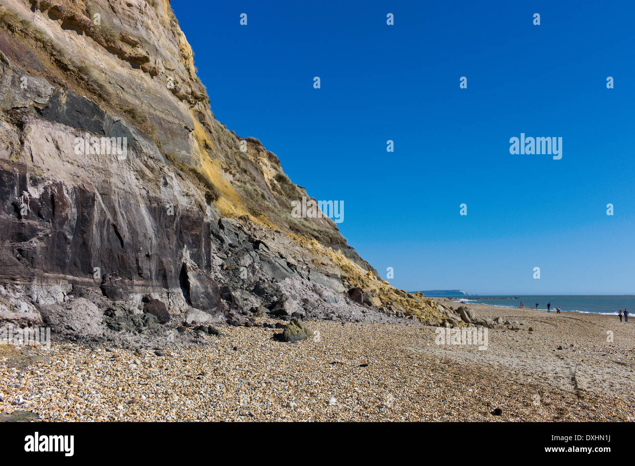 Rock fall from cliff erosion to the beach at Hengistbury Head, Dorset ...