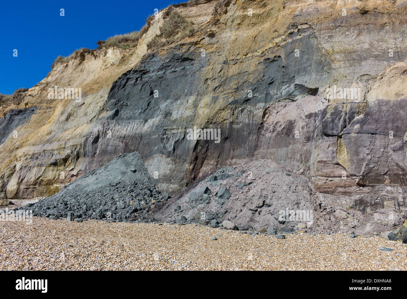 Rock fall from cliff erosion to the beach at Hengistbury Head, Dorset ...