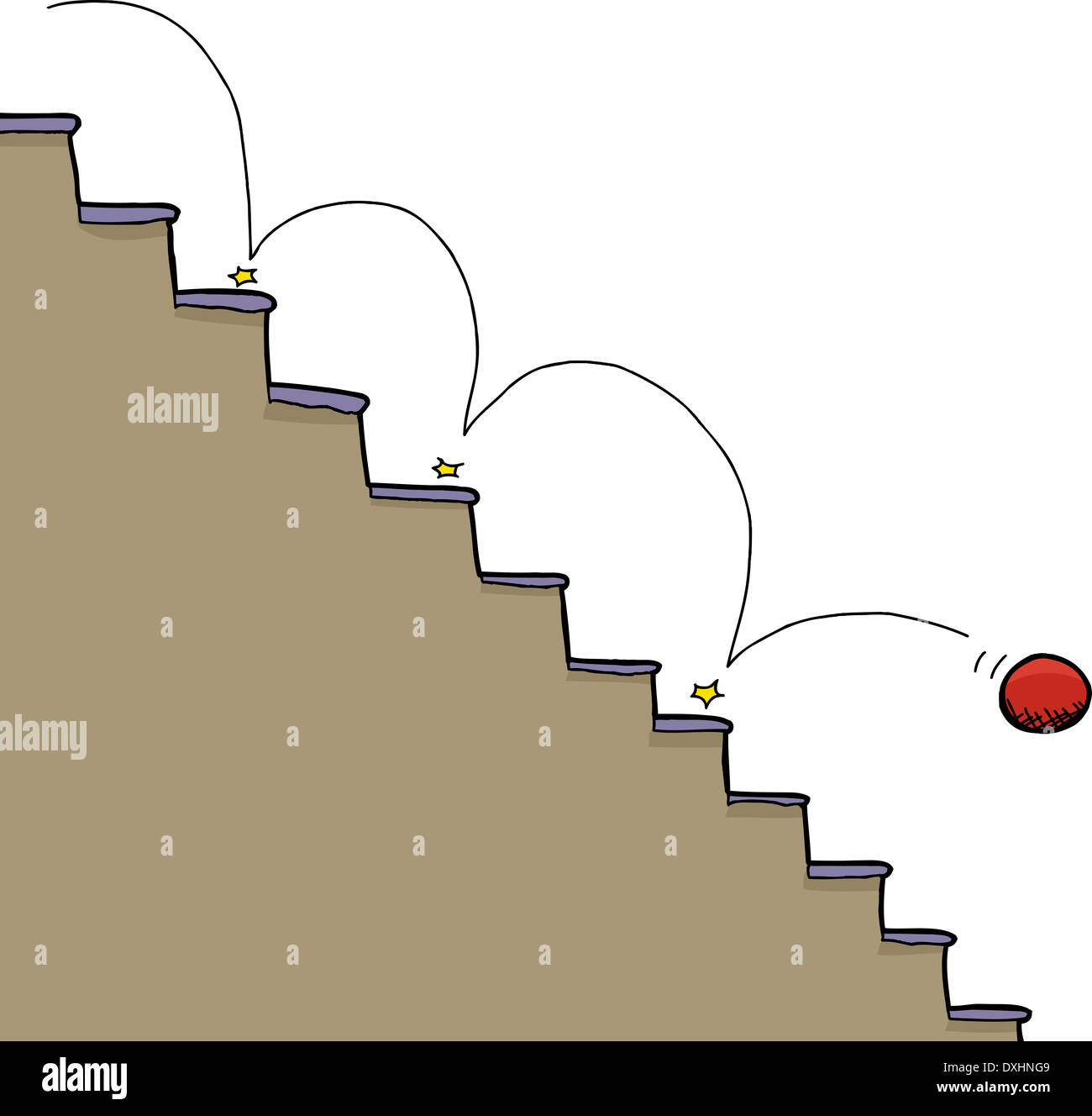 Bouncing red ball falling down staircase over white background Stock ...