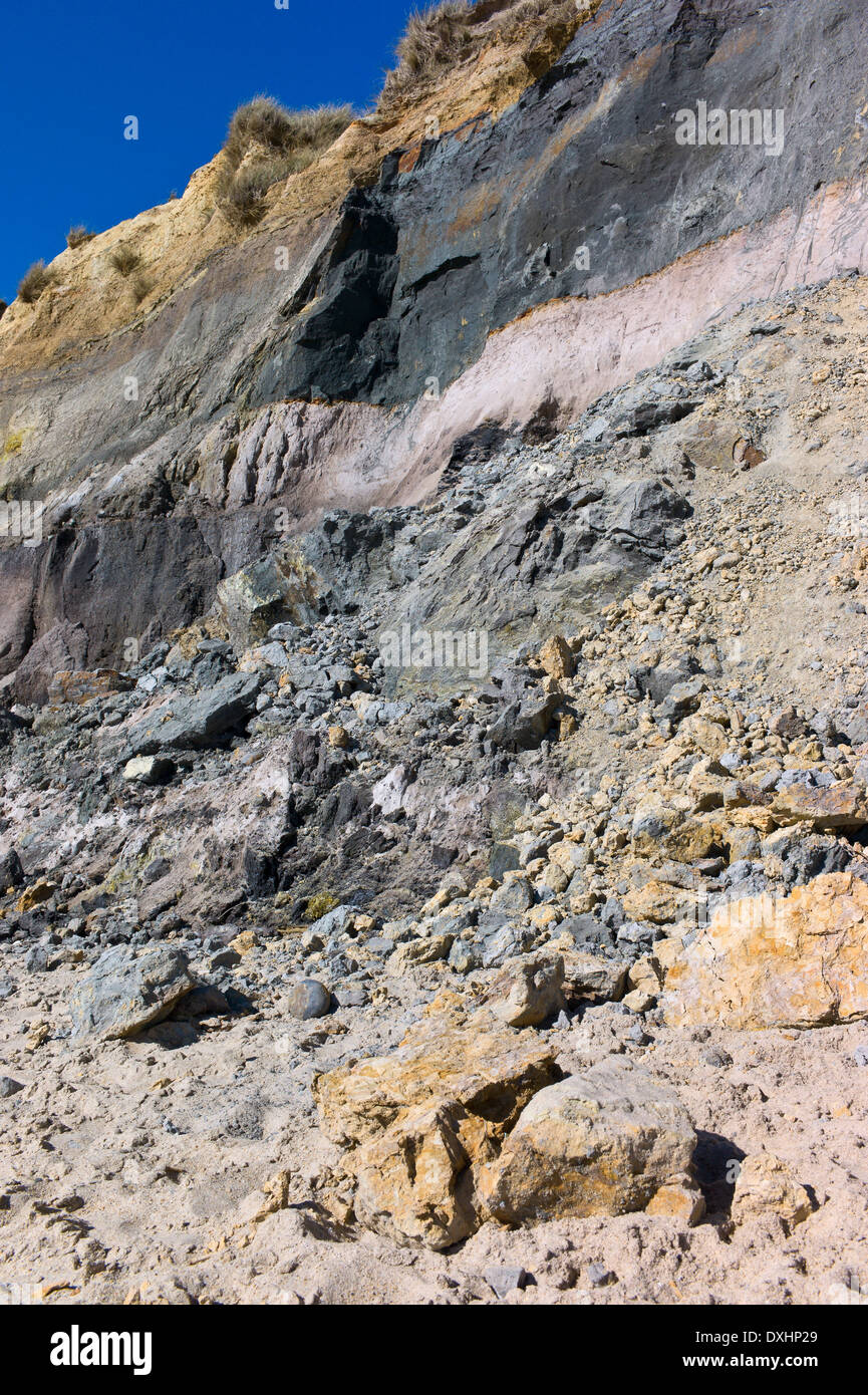 Rock fall from cliff erosion to the beach at Hengistbury Head, Dorset ...