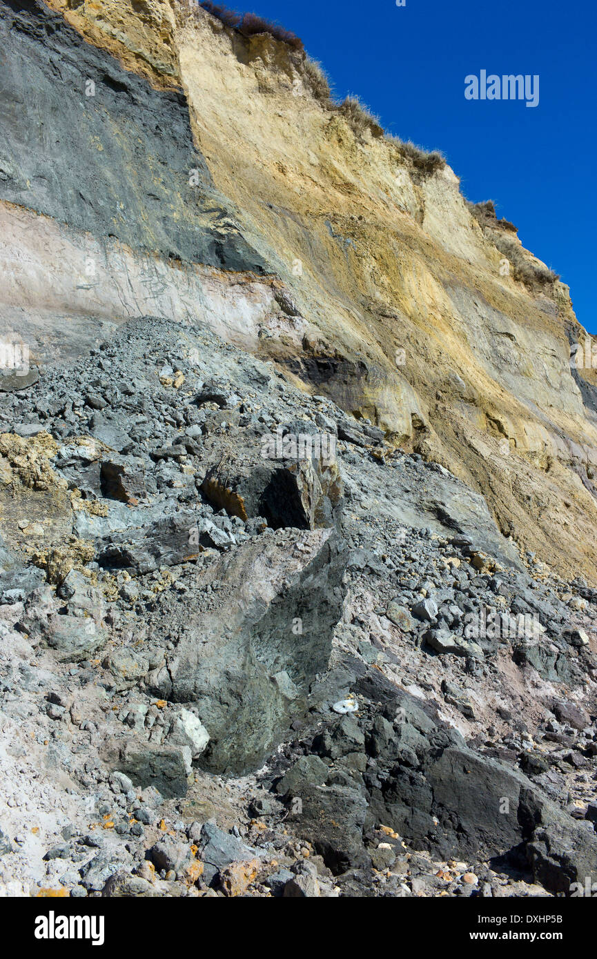 Rock fall from cliff erosion to the beach at Hengistbury Head, Dorset ...