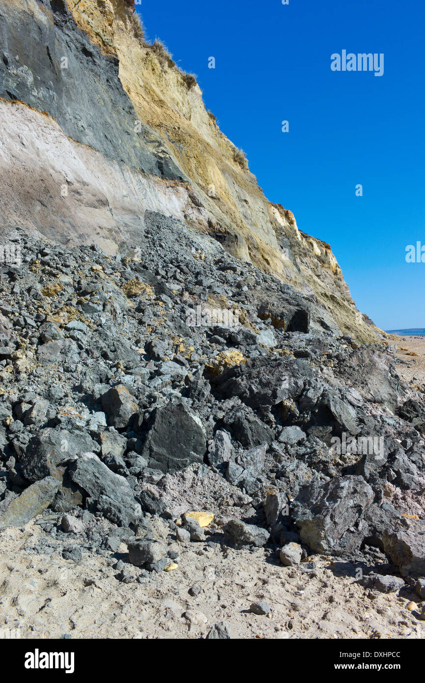 Rock fall from cliff erosion to the beach at Hengistbury Head, Dorset ...