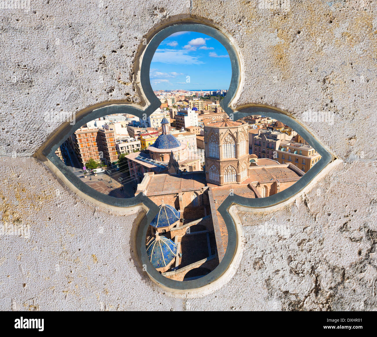 Valencia aerial skyline with Plaza de la virgen and Cathedral at Spain ...