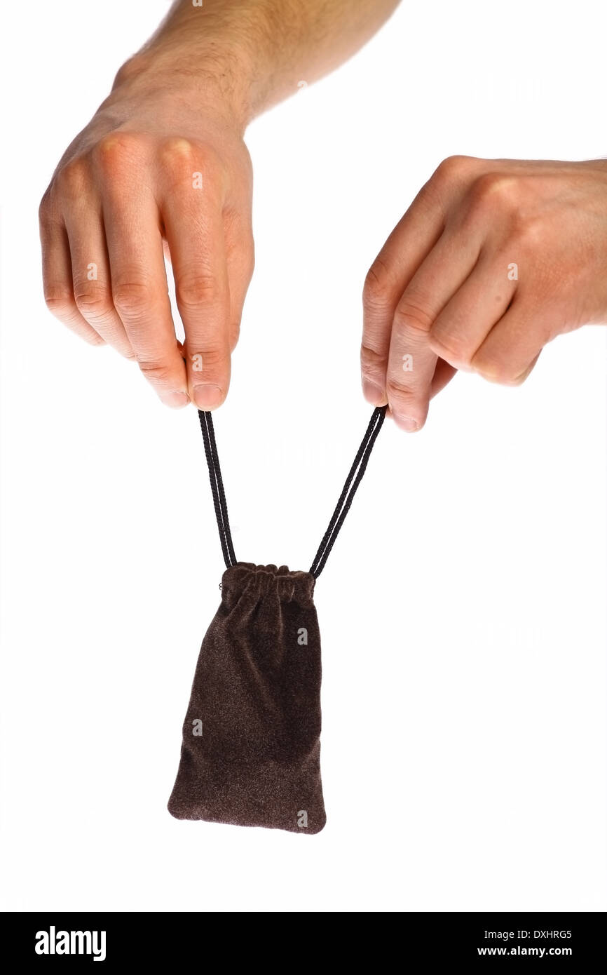 Two hands holding a small pouch, isolated on white Stock Photo - Alamy