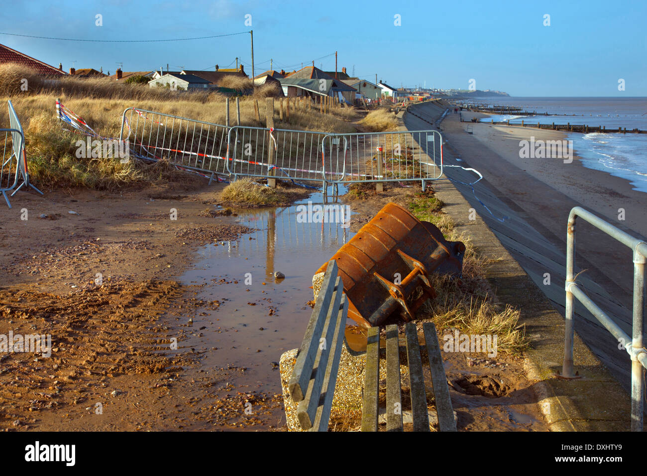 The sea wall and holiday chalets after Tidal surge at Walcott Norfolk ...