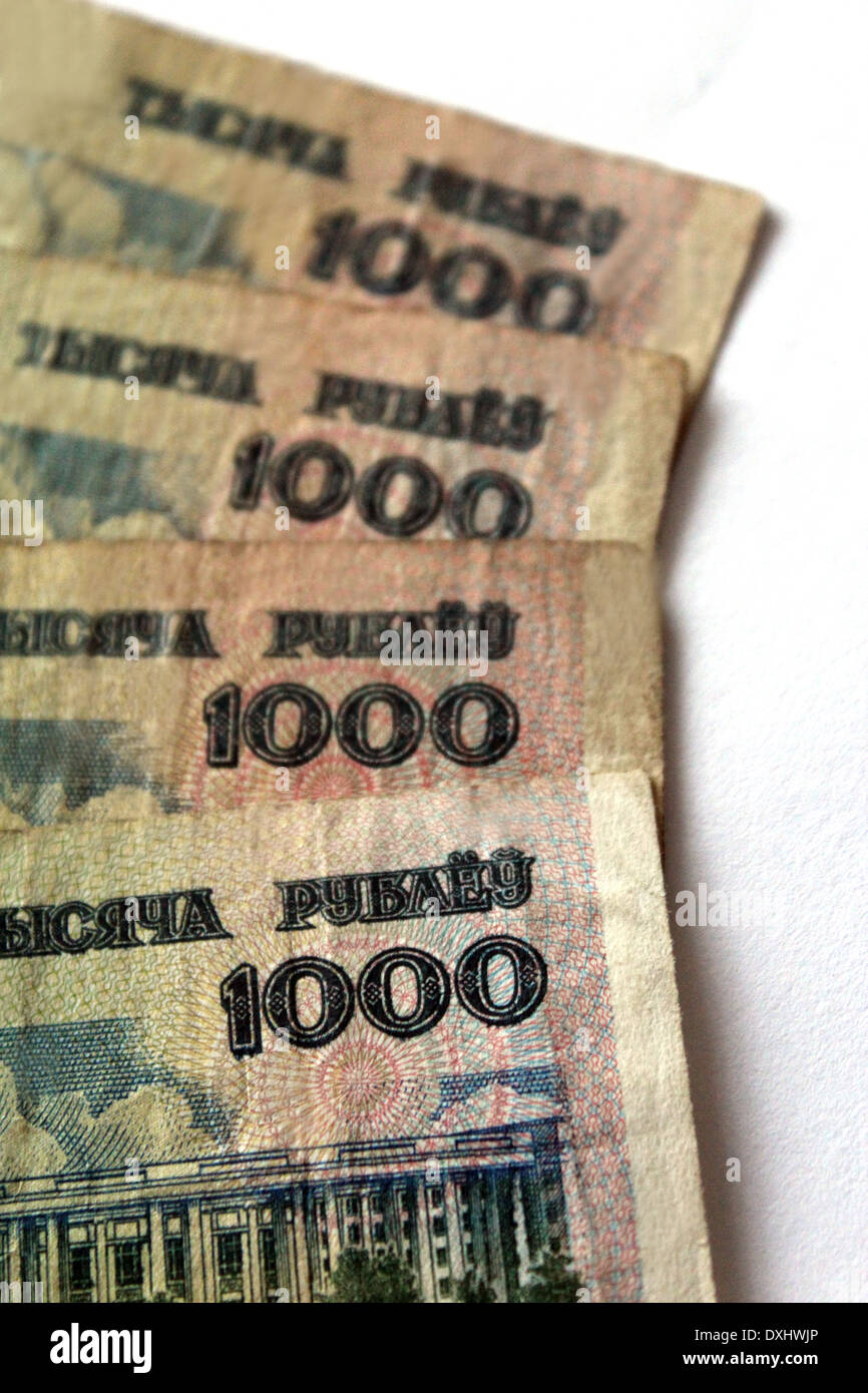 some banknotes of Byelorussian roubles isolated on a white background ...