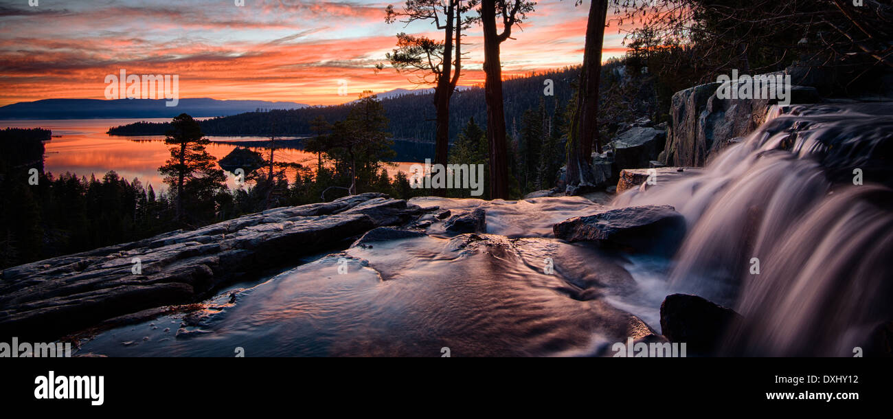 Water falling into a lake, Lake Tahoe, Sierra Nevada, California, USA ...