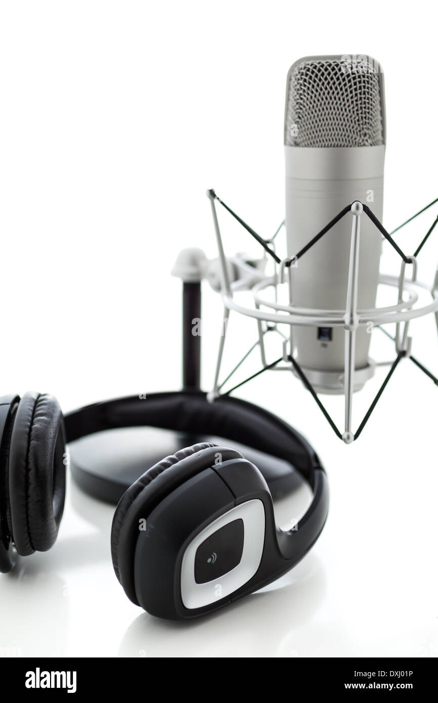 Studio microphone for recording podcasts with headset on a white ...