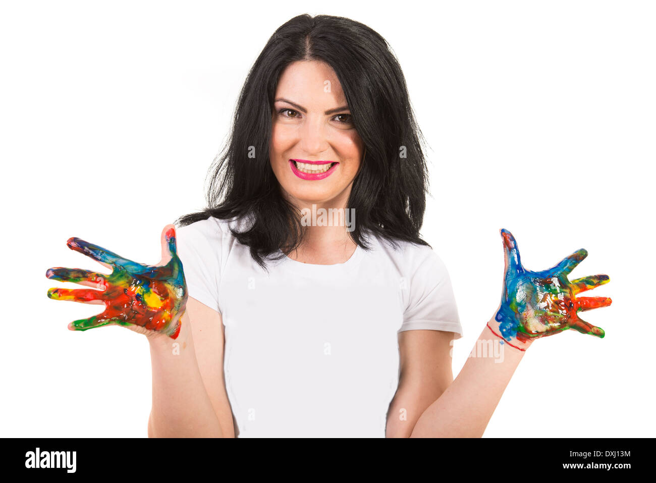 Happy smiling woman with painted hands isolated on white background ...
