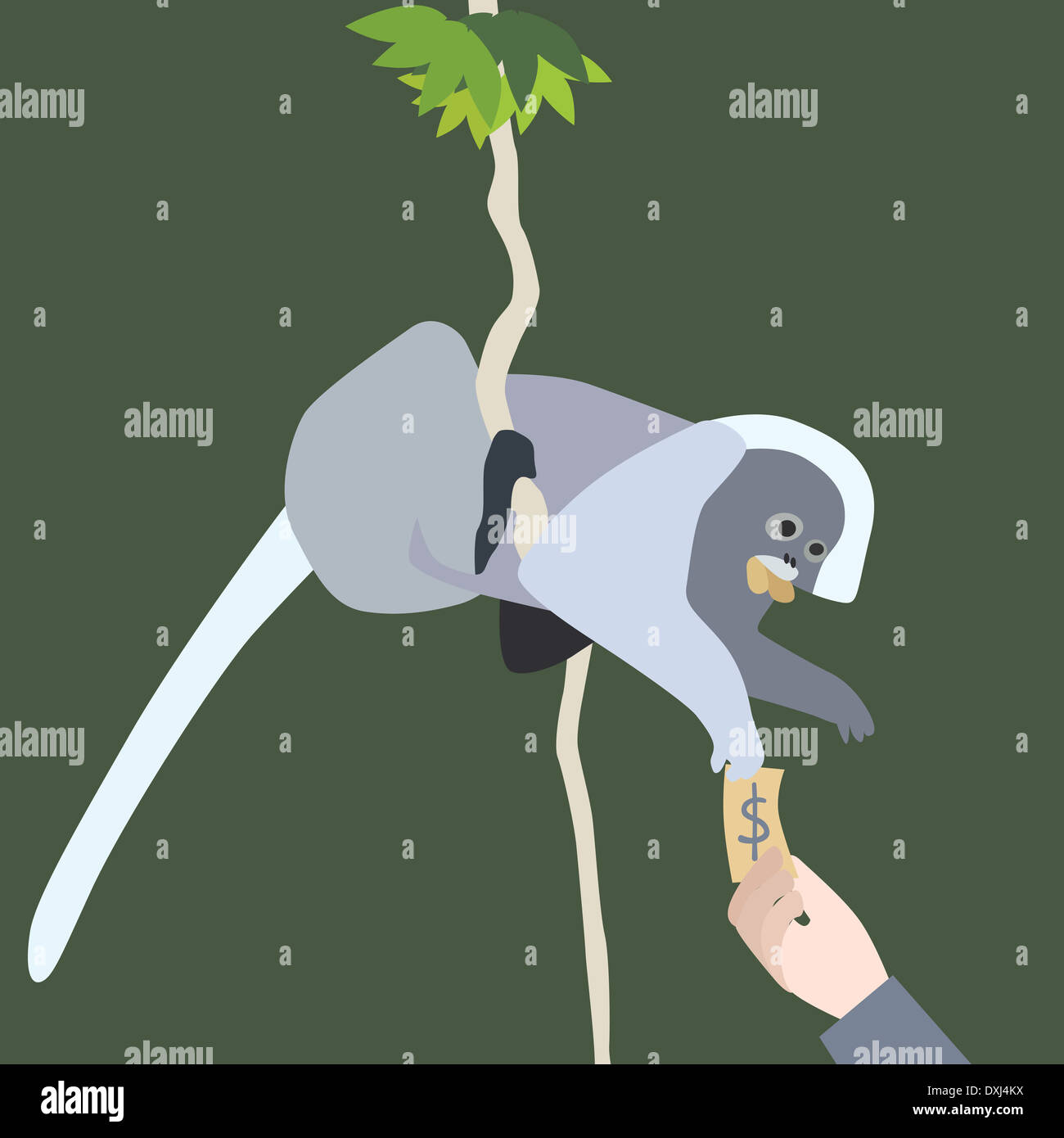 Illustration of human hand give money to leaf monkey Stock Photo - Alamy