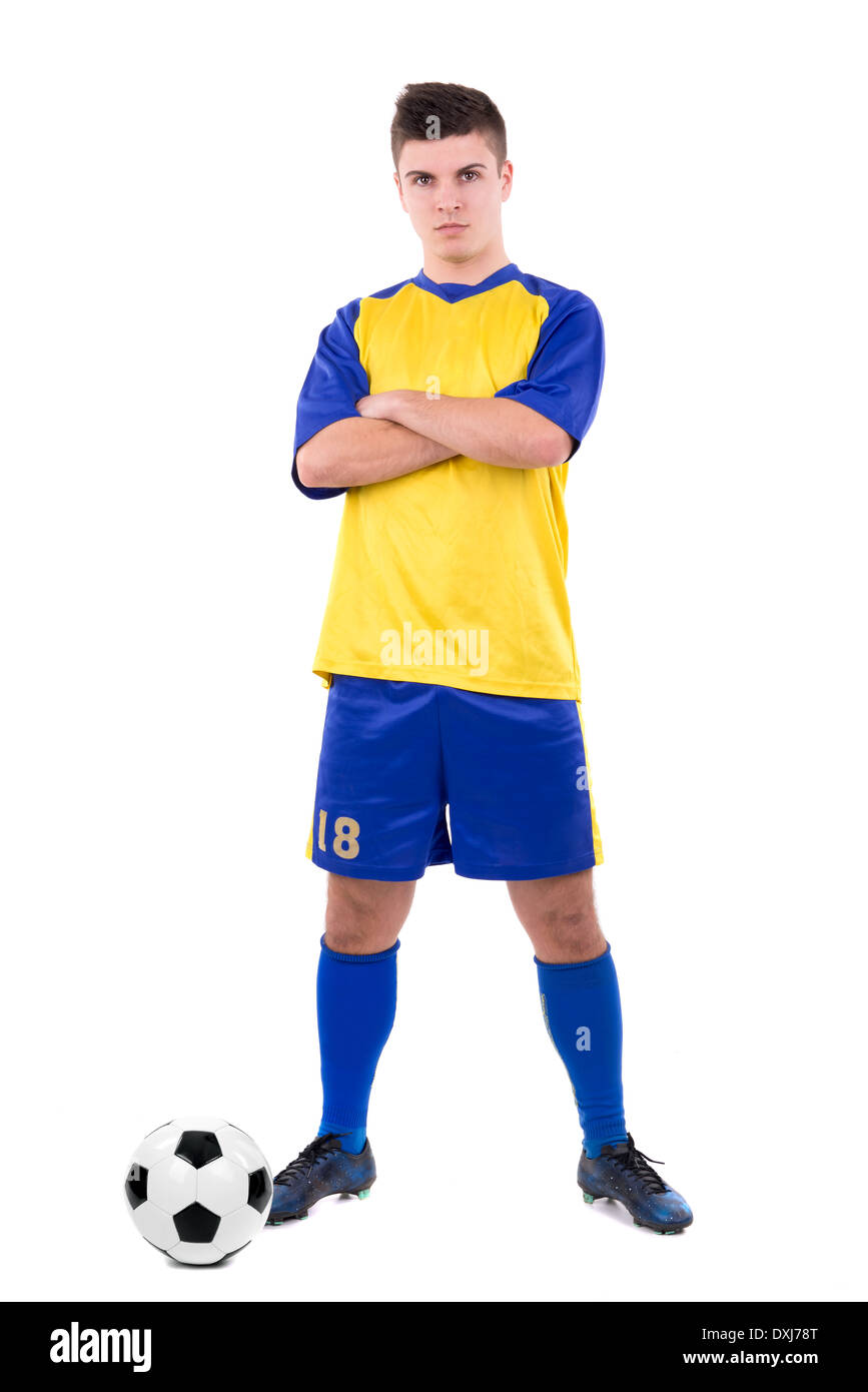 Football player with a ball isolated in white Stock Photo - Alamy
