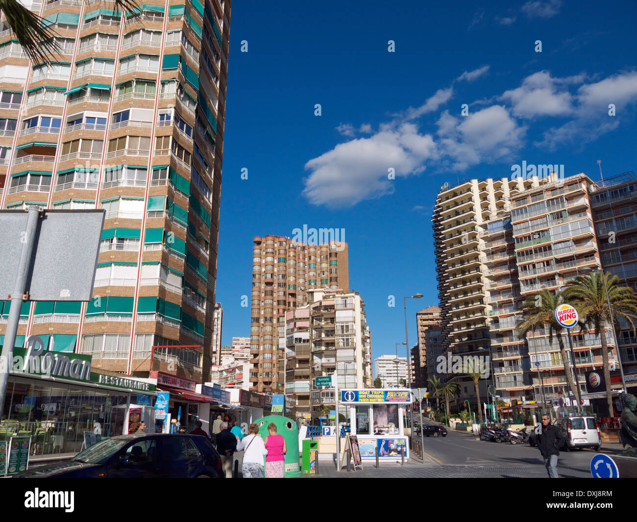Typical street in Benidorm, Spain with shops and Burger King Stock ...