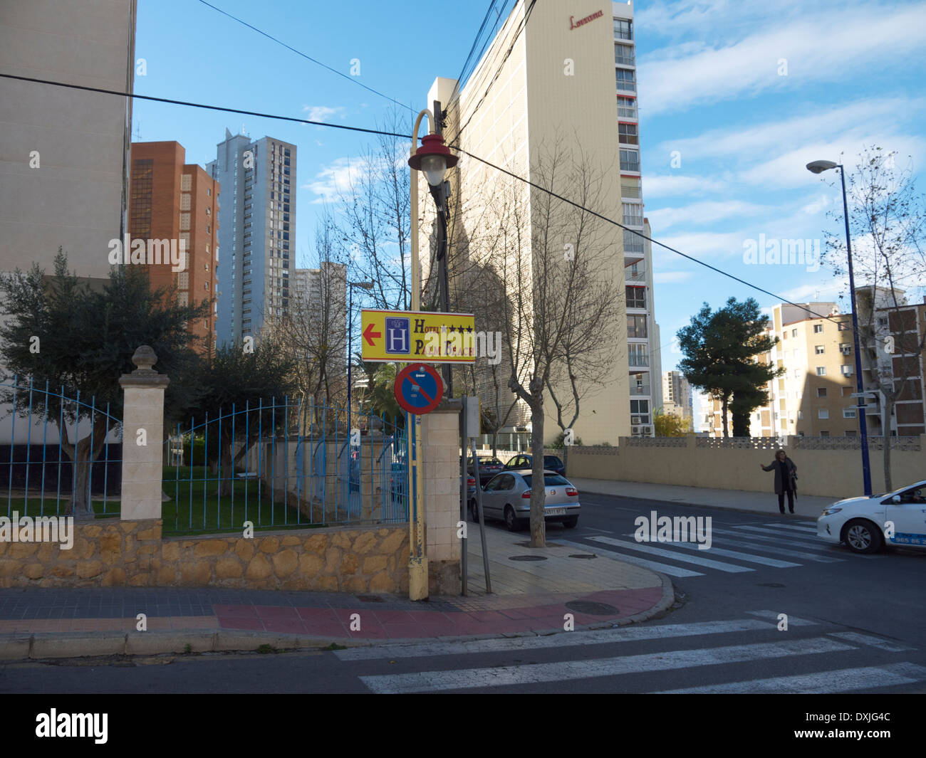 Street junction in Benidorm, Spain with pedestrian crossing and hotel ...