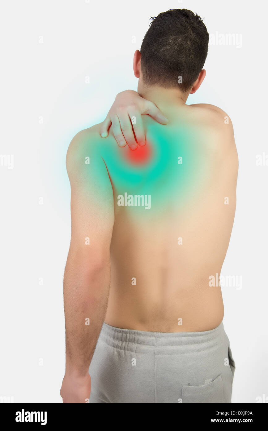 Muscular man with muscle pain on white background Stock Photo - Alamy