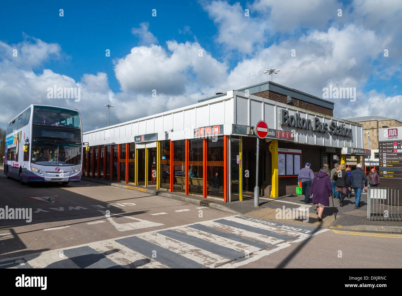 First double decker bus at Bolton bus station Stock Photo - Alamy