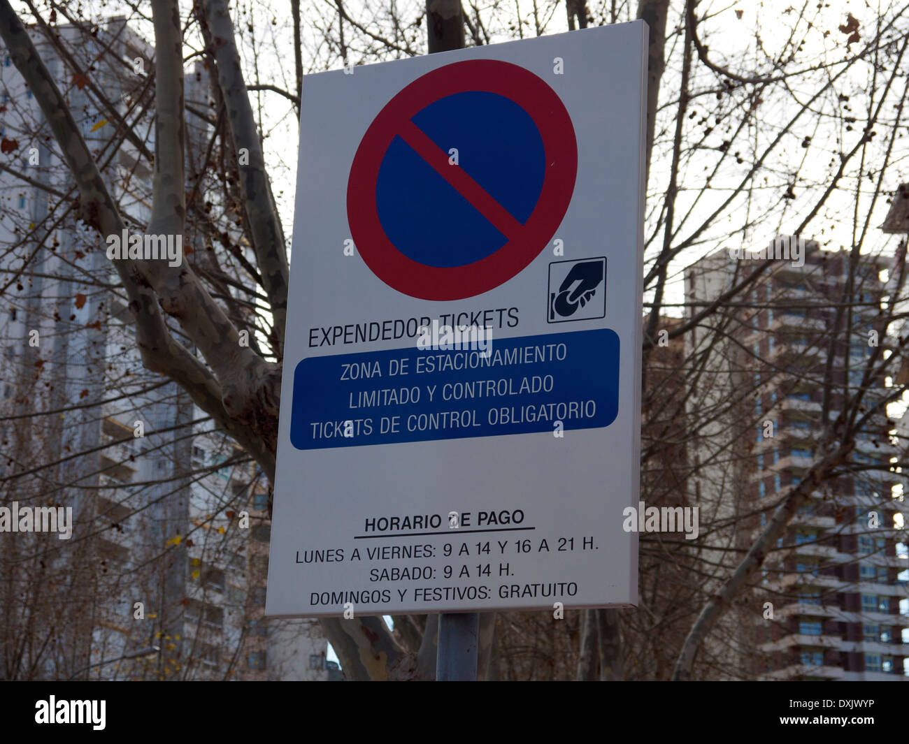 Warning sign for a pay and display parking area in Benidorm, Spain ...