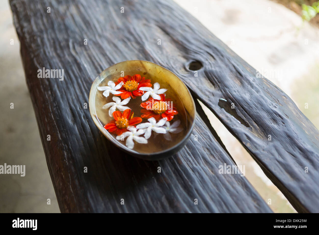 Close up of flower offering on bench, Ubud, Bali, Indonesia Stock Photo ...