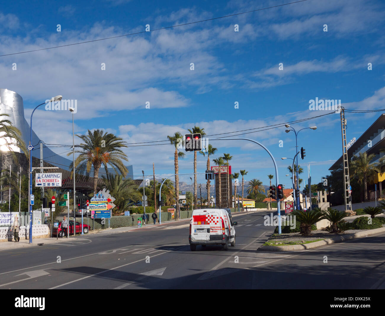 Traffic lights supported on wires above the road in Benidorm, Spain ...