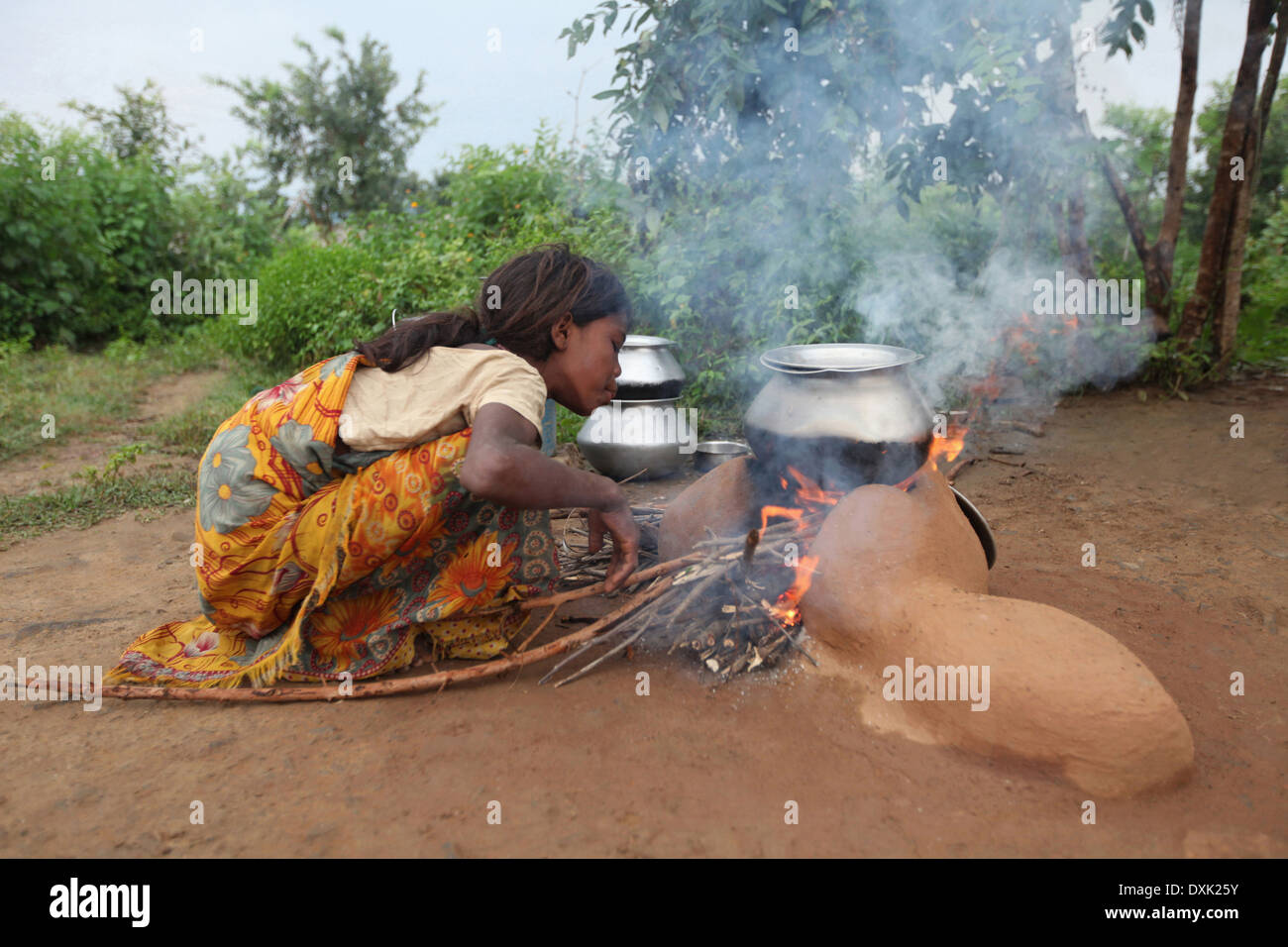 Tribal woman cooking food on hearth. Birhor tribe. Keredari village and ...