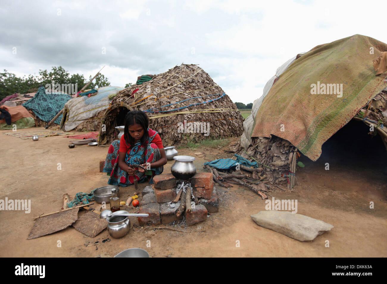 Tribal woman cooking food on hearth. Musahar or Bhuija tribe. Keredari ...