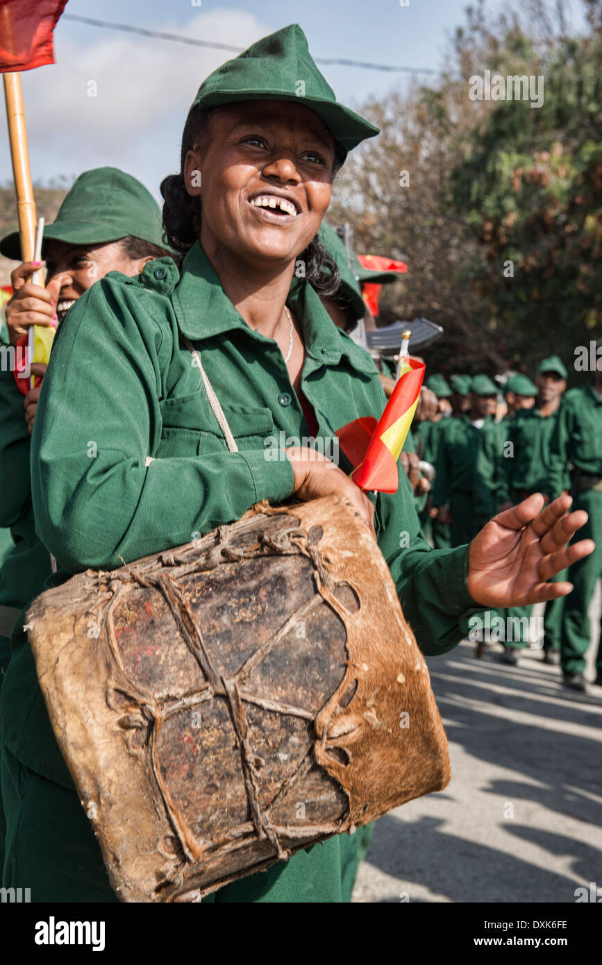 soldier in the Tigray army marching band drumming at a festival in ...