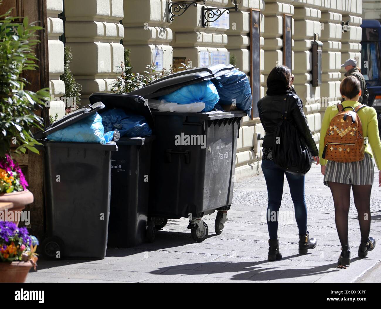 Overcrowded bins are pictured in the city centre in Munich, Germany, 27 ...