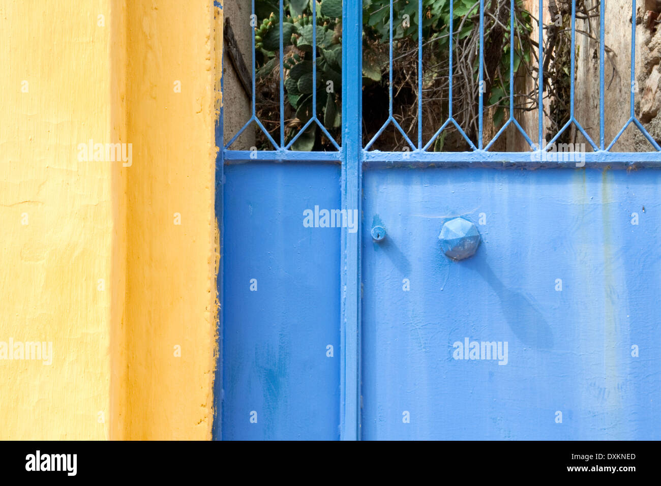 A very brightly coloured wall and stylish entrance gate (yellow and ...