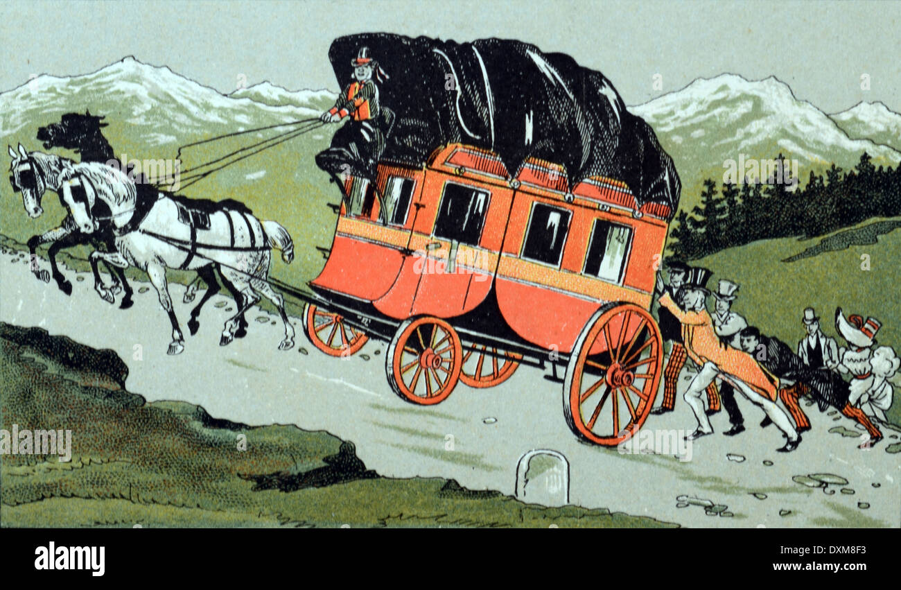 Stagecoach or Coach & Horses Illustration c1910. Passengers Pushing an ...