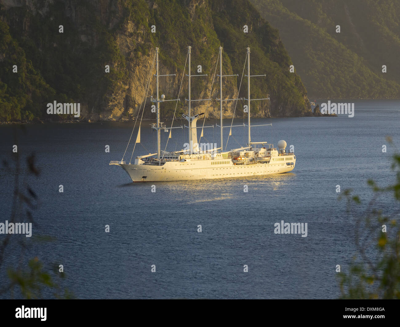 Caribbean, St. Lucia, Sailing cruise ship Wind Star near Soufriere ...